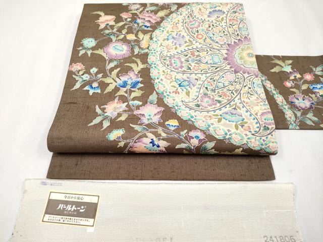 平和屋本店●極上　岡重謹製　OKAJIMA　九寸名古屋帯　紬地　花唐草文　黄枯茶色　反端付き　逸品　CYAA2550s5