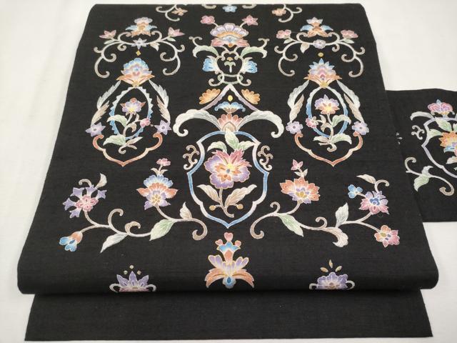 平和屋本店●極上　岡重謹製　OKAJIMA　九寸名古屋帯　紬地　花唐草文　黒地　金彩　逸品　未使用　CYAA2556s5