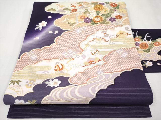 平和屋本店■極上　夏物　九寸名古屋帯　絽縮緬　駒刺繍　雲取り宝尽くし草花文　金彩　深紫色地　逸品　未使用　CYAA2583s5