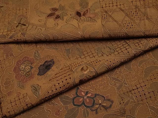 平和屋着物■極上　中国三大刺繍　スワトウ刺繍　総刺繍　小紋　雪輪花唐草文　黒茶色地　逸品　CYAA2664s5