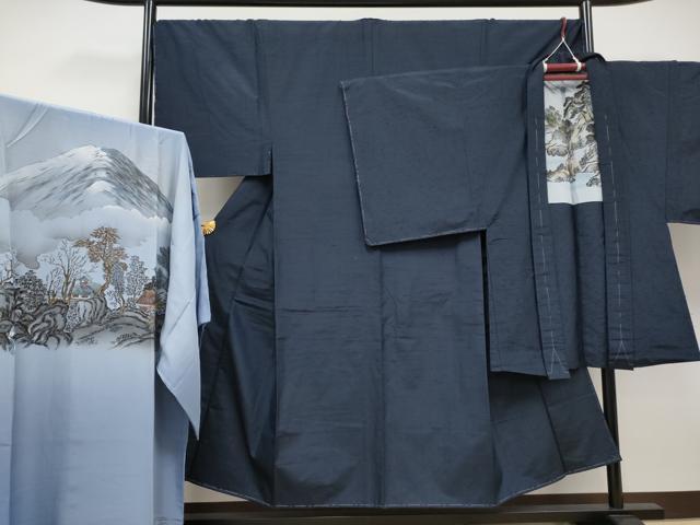 平和屋着物■極上　男性　紬・髭紬羽織・長襦袢セット　キングサイズ　濃紺地　逸品　未使用　CYAA2770s5