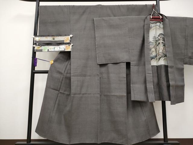 平和屋本店■極上　男性　本場結城紬　重要無形文化財　アンサンブル　色無地　黒橡色地　証紙付き　逸品　未使用　CYAA2797s5