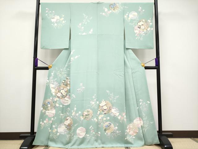 平和屋着物■極上　訪問着　刺繍　雪輪重ね草花文　薄青色地　金彩　逸品　CYAA2836s5