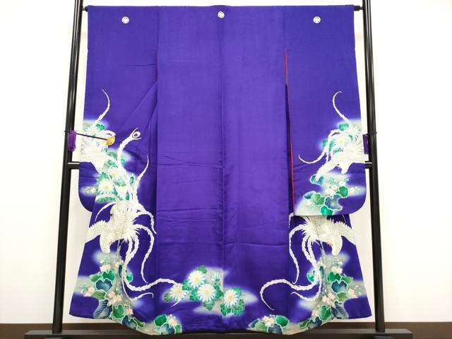 平和屋着物■極上　アンティーク　大正ロマン　中国三大刺繍　相良刺繍　振袖　駒刺繍　鳳凰霞枝花文　暈し染　本紫色地　逸品　CYAA2913s5