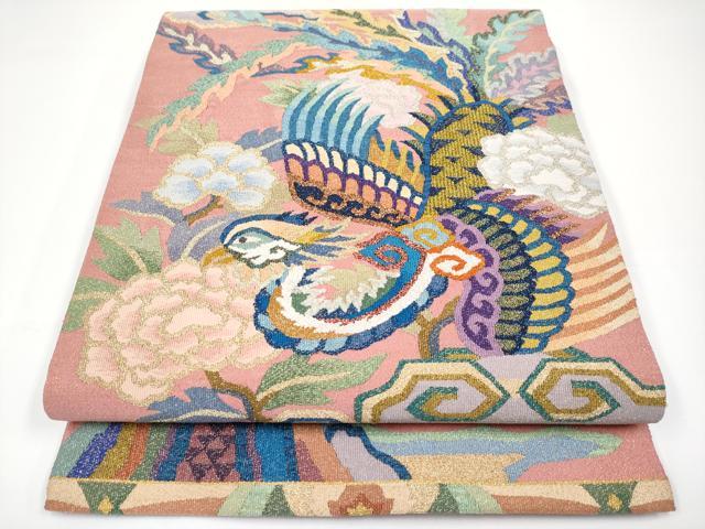 平和屋本店■極上　手織綴れ　山鹿清華　中国三大刺繍　相良刺繍　太鼓柄袋帯　モール　瑞雲鳳凰文　金糸　真赭色　逸品　CYAA2942s5