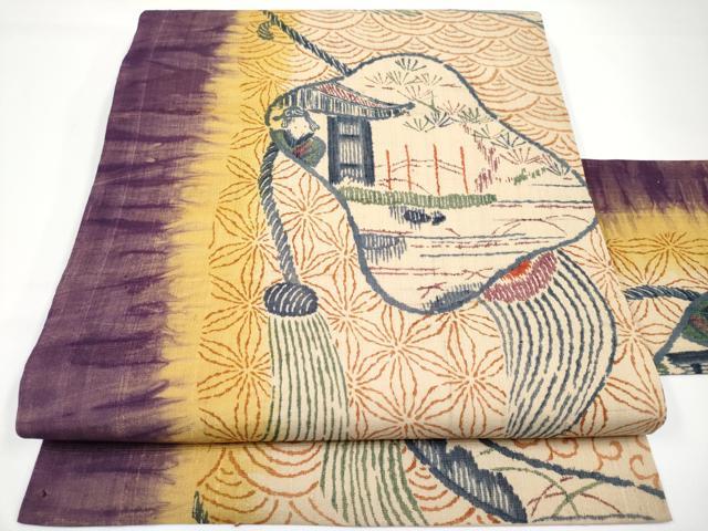 平和屋本店■極上　摺型友禅　京都　多ち花　スリーシーズン　九寸開き名古屋帯　型染め　生紬　人物風景文　逸品　未使用　CYAA2971s5