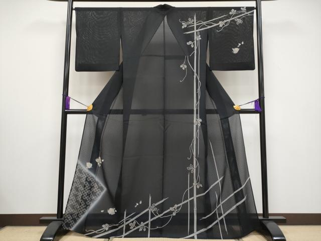 平和屋着物■極上　夏物　訪問着　市松紋紗　竹垣舞葉文　暈し染め　黒地　金銀彩　逸品　CYAA2996s5