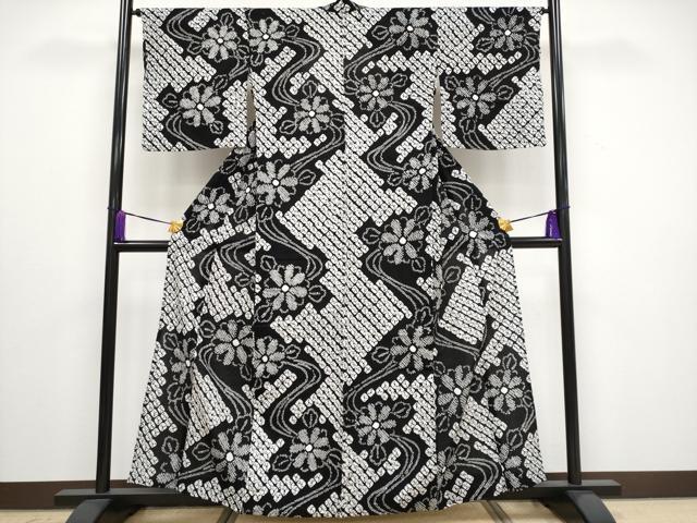 平和屋着物■極上　夏物　浴衣　有松鳴海絞り　流水舞花文　黒地　綿　逸品　CYAA3023s5