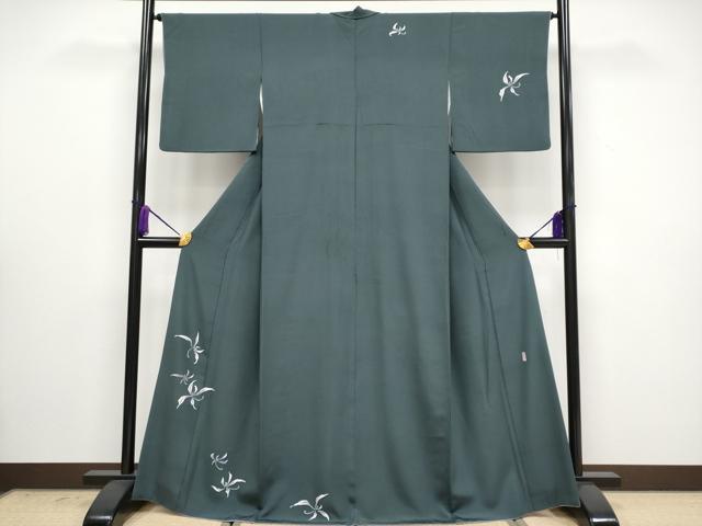 平和屋着物■極上　本加賀友禅作家　鬼島武司　訪問着　舞花文　錆鉄御納戸色地　逸品　CYAA3026s5