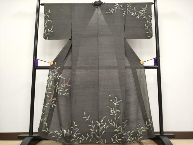 平和屋着物■極上　夏物　訪問着　絽紬　刺繍　枝花文　檳榔子染色地　逸品　CYAA3039s5