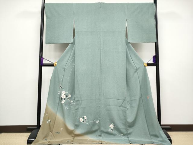 平和屋着物■極上　本加賀友禅作家　大西正廣　訪問着　枝花文　暈し染め　青白橡色地　逸品　CYAA3057s5