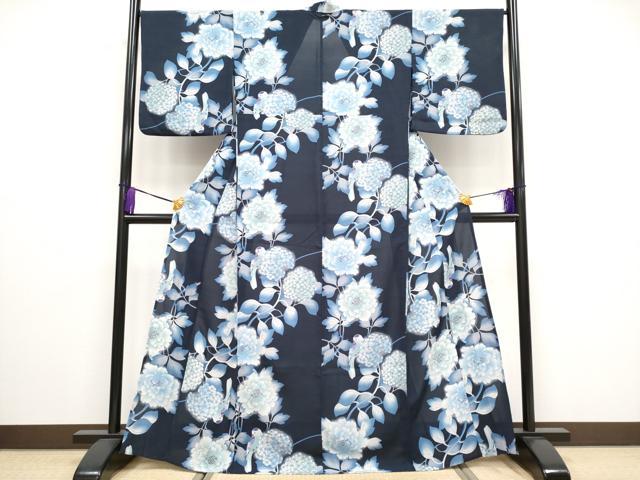 平和屋着物■極上　夏物　撫松庵　セオアルファ　小紋・浴衣兼用　花鳥文　濃紺地　洗える着物　逸品　CYAA3129s5