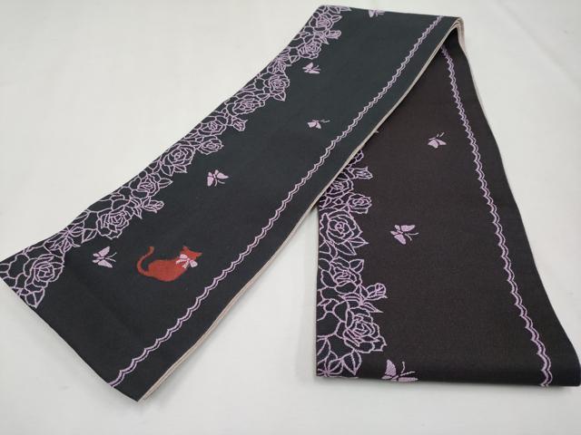 平和屋着物■極上　半幅帯　猫　蝶　バラ　薔薇　黒紅色地　CYAA3178s5