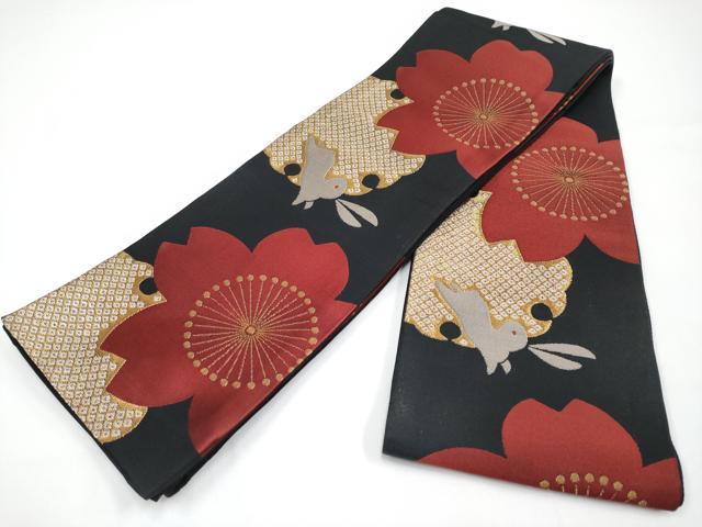 平和屋着物■極上　半幅帯　雪輪跳兎　黒地　金糸　CYAA3179s5