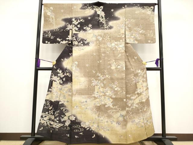 平和屋本店■極上　染織の名門　しょうざん  生紬　訪問着　単衣　流水草花文　逸品　CYAA3238s5