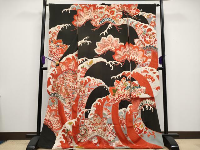 平和屋着物■極上　アンティーク　大正ロマン　振袖　駒刺繍　立波花松文　黒地　金銀彩　逸品　CYAA3339s5