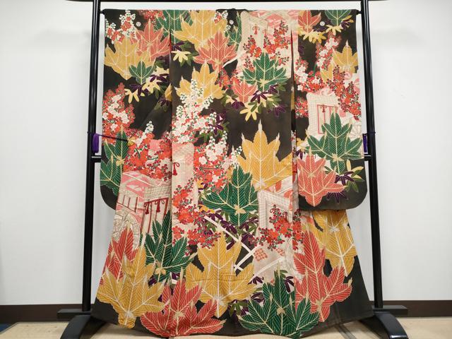 平和屋着物■極上　アンティーク　大正ロマン　振袖　駒刺繍　御所車　松竹梅　金彩　逸品　CYAA3340s5