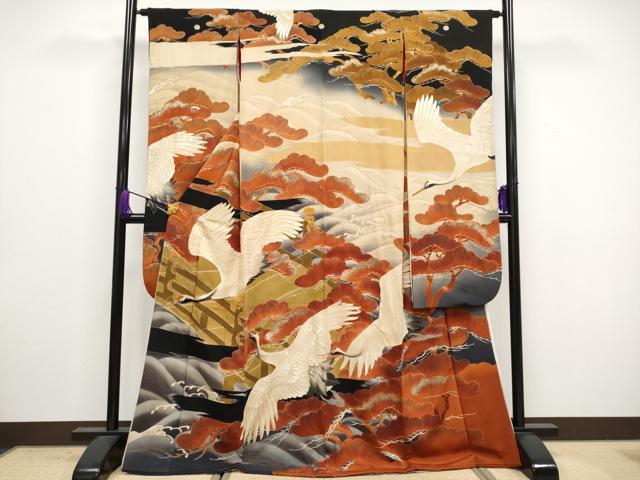 平和屋本店■極上　アンティーク　大正ロマン　中国三大刺繍　相良刺繍　振袖　渡橋飛鶴文　暈し染め　金彩　逸品　CYAA3341s5