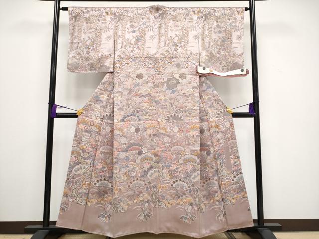 平和屋本店●極上　山岡古都・古都染人　染織美術品　薬墨染　天目織　お召　訪問着　花鳥文　薄柿色地　反端付き　逸品 未使用 CYAA3349s5