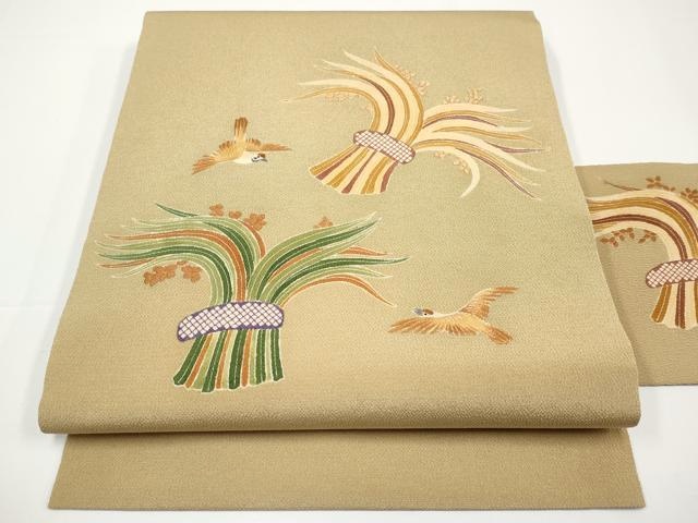 平和屋本店■極上　九寸名古屋帯　刺繍　雀　稲穂　榛色地　逸品　未使用　CYAA3385s5