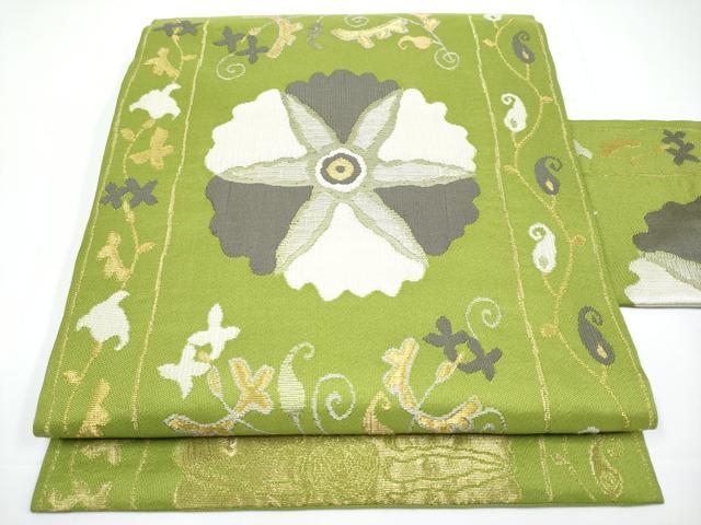 平和屋着物■極上　洛風林　工芸帯地　九寸名古屋帯　花唐草文　青丹色地　逸品　CYAA3415s5