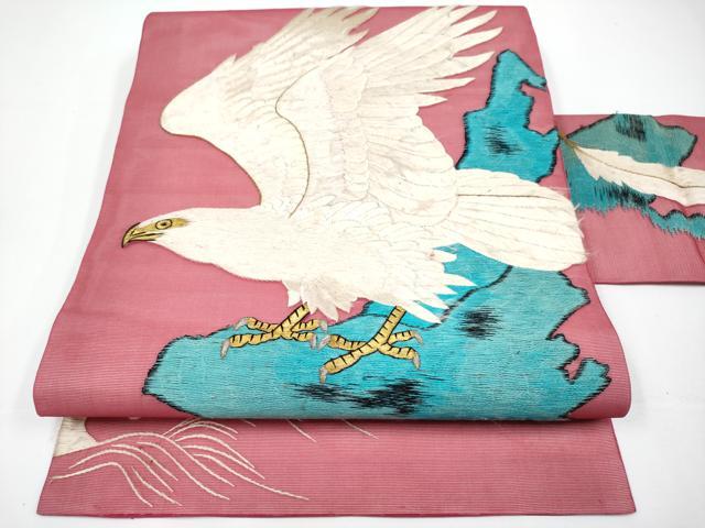 平和屋着物■極上　夏物　アンティーク　大正ロマン　九寸名古屋帯　総刺繍　鷹　金糸　今様色地　逸品　CYAA3418s5