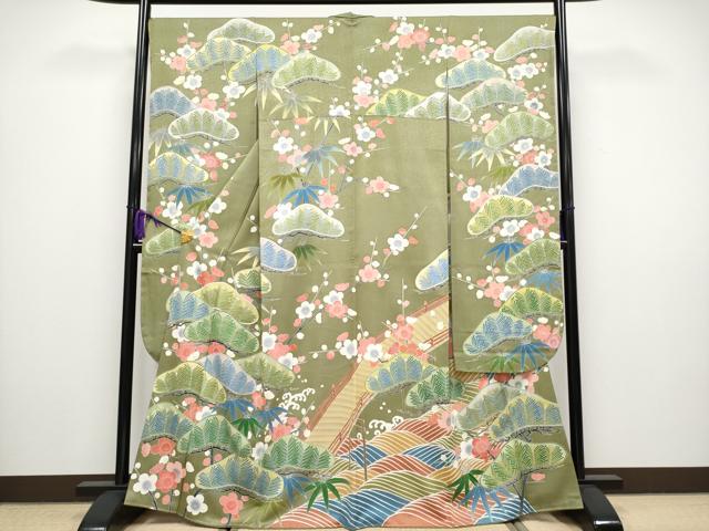 平和屋着物■極上　振袖　友禅　松竹梅　海松色地　逸品　未使用　CYAA3437s5