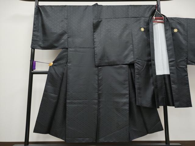 平和屋着物■極上　男性　色無地　紋付き羽織セット　キングサイズ　舞台衣装　花菱地紋　黒地　洗える着物　逸品　CYAA3461s5