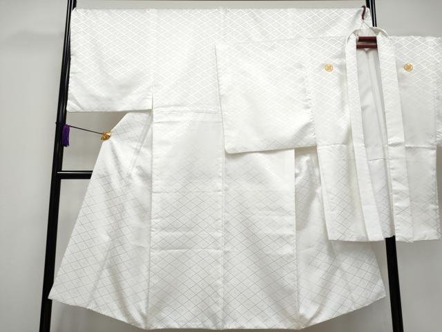 平和屋着物■極上　男性　色無地　紋付き羽織セット　舞台衣装　花菱地紋　白地　洗える着物　逸品　CYAA3464s5