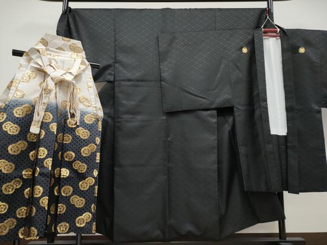 平和屋着物■極上　男性　色無地　紋付き羽織・行灯袴セット　キングサイズ　舞台衣装　花菱地紋　黒地　洗える着物　逸品　CYAA3471s5