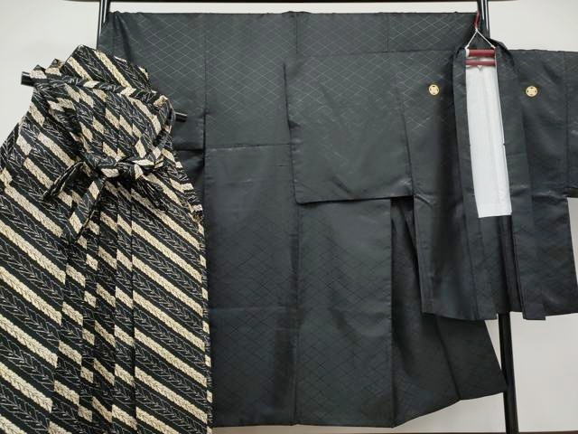 平和屋着物■極上　男性　色無地　紋付き羽織・行灯袴セット　キングサイズ　舞台衣装　花菱地紋　黒地　洗える着物　逸品　CYAA3473s5