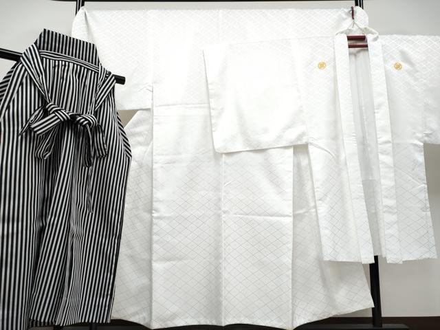 平和屋着物■極上　男性　色無地　紋付き羽織・行灯袴セット　キングサイズ　舞台衣装　花菱地紋　白地　洗える着物　逸品　CYAA3476s5
