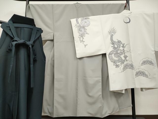 平和屋着物■極上　男性　色無地　紋付き羽織・行灯袴セット　キングサイズ　着物：茶鼠色　羽織：亜麻色・龍 洗える着物 逸品 CYAA3478s5
