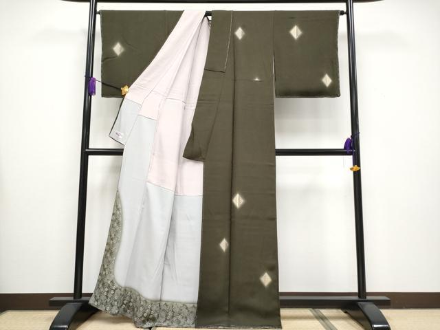 平和屋着物□極上 十日町 名門青柳謹製 訪問着 絞り 刺繍 花菱文 媚