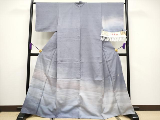 平和屋着物■極上　石川県指定無形文化財　牛首紬　白山工房　手織り　訪問着　霞文　薄鼠色地　証紙付き　逸品　未使用　CYAA3499s5