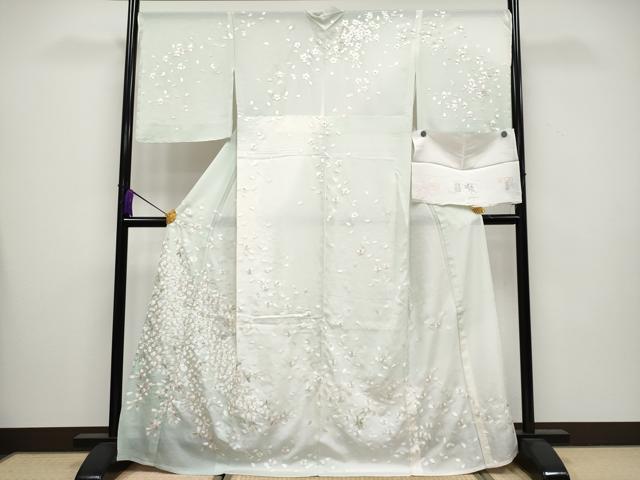 平和屋本店■最高級　夏物　訪問着　絽　総手刺繍　舞桜文　暈し染め　金糸　白緑色地　反端付き　逸品　未使用　CYAA3508s5