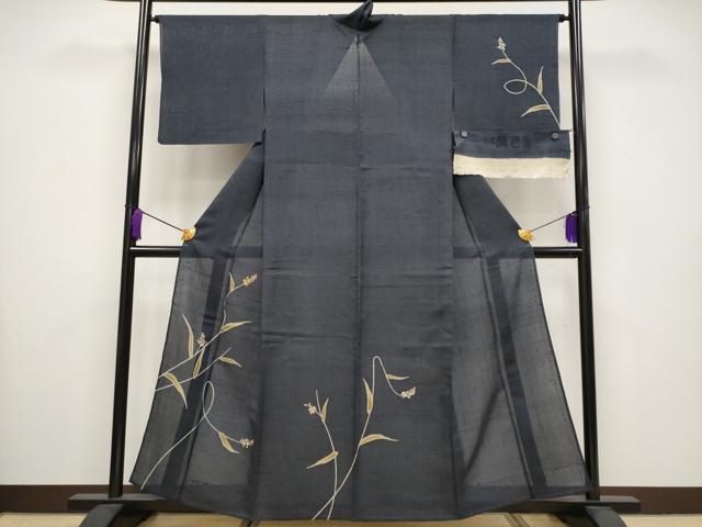 平和屋着物■極上　夏物　本場絹芭蕉　訪問着　竹屋町刺繍　枝花文　濃紺地　反端付き　逸品　CYAA3513s5