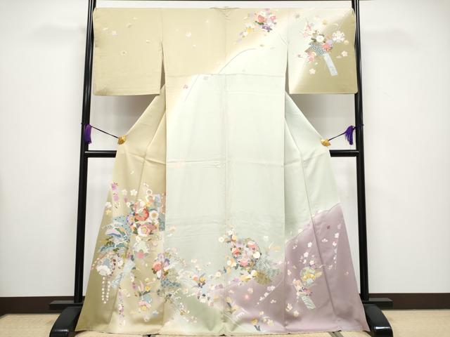 平和屋本店■極上　訪問着　駒刺繍　作家物　雪輪枝花文　暈し染め　逸品　CYAA3551s5
