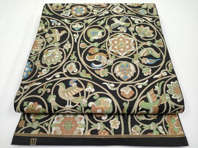 平和屋着物■極上　西陣　川島織物　六通柄　本袋帯　唐織　花鳥唐草文　黒地　金糸　逸品　CYAA3586s5