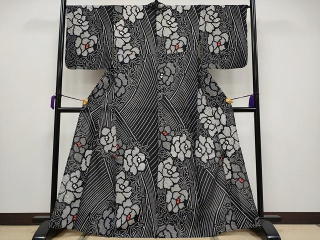 平和屋着物■極上　夏物　浴衣　有松鳴海絞り　牡丹　黒地　綿　逸品　CYAA3683s5