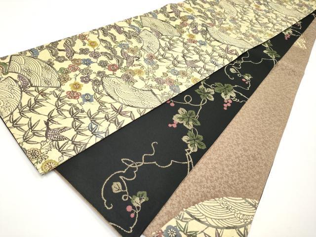 平和屋着物■極上　両面　両方向　全通柄袋帯　型染め　地紙飛鶴枝花文　金通し地　やまと誂製　逸品　未使用　CYAA3738s5
