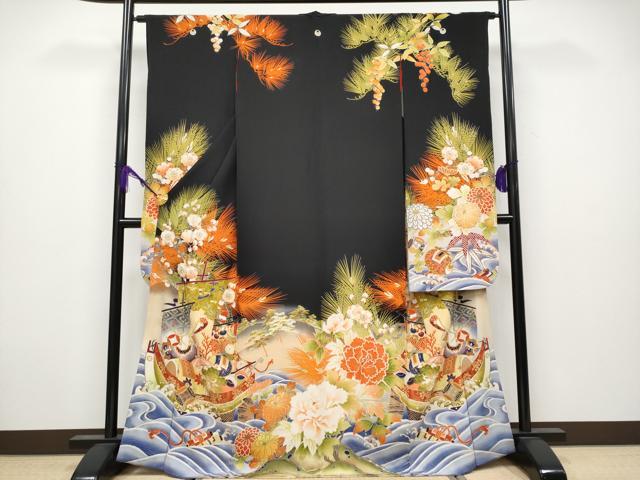 平和屋本店■極上　アンティーク　大正ロマン　中国三大刺繍　相良刺繍　振袖　宝船　暈し染め　黒地　金糸　逸品　CYAA3815s5