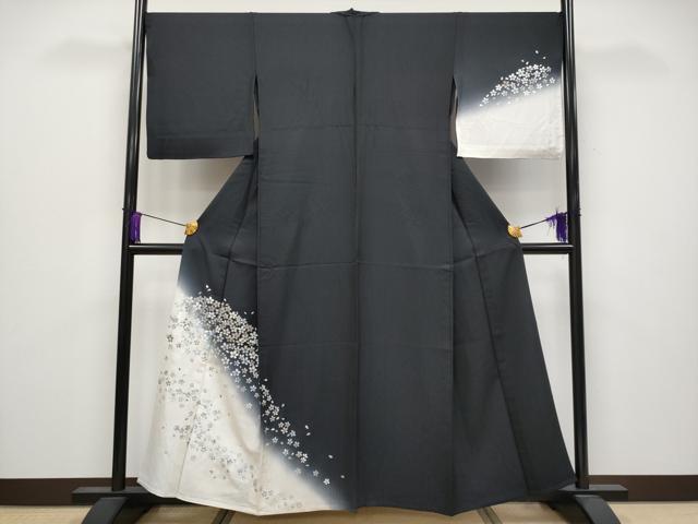 平和屋着物■極上　訪問着　単衣　舞桜　暈し染め　黒地　銀彩　逸品　CYAA3857s5