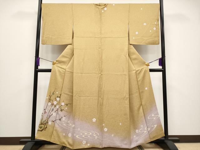 平和屋着物■極上　ろう彩工芸　奥村一心　訪問着　枝梅文　暈し染め　黄土色地　逸品　CYAA3858s5