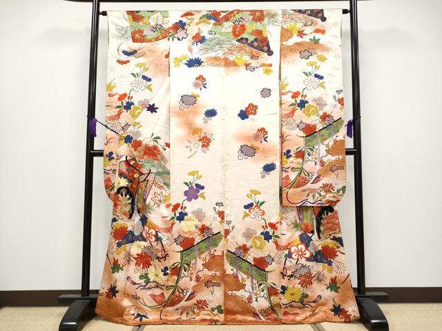 平和屋着物■極上　アンティーク　大正ロマン　振袖　駒刺繍　御所車扇面花文　暈し染め　逸品　CYAA3869s5