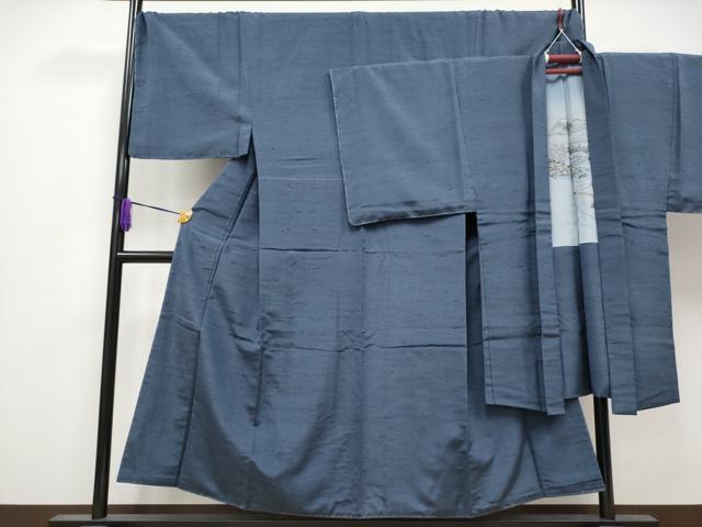 平和屋着物■極上　男性　紬　アンサンブル　キングサイズ　色無地　青褐色地　松坂屋扱い　逸品　未使用　CYAA3924s5