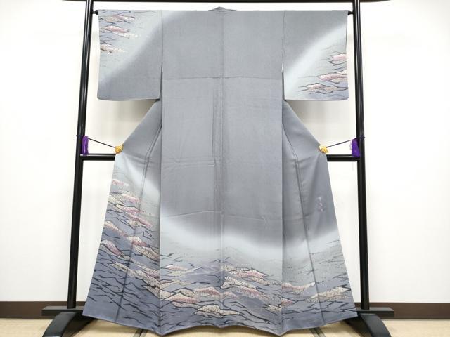 平和屋着物■極上　京の名門　じゅらく謹製　帝王紫　訪問着　霞文　刺繍　暈し染め　桔梗鼠色地　逸品　CYAA3939s5