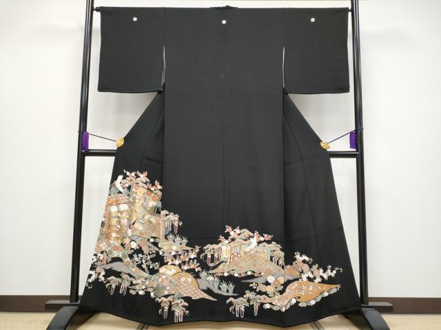 平和屋着物■極上　創業460年・千總　黒留袖　駒刺繍　御所車飛鶴花文　金彩　三越扱い　逸品　CYAA3941s5