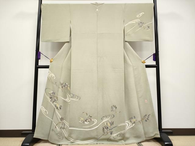 平和屋本店●希少　浦野理一　御子息　浦野範雄　訪問着　松葉文　金彩　鬼しぼ縮緬　利休茶色地　逸品　CYAA4005s6