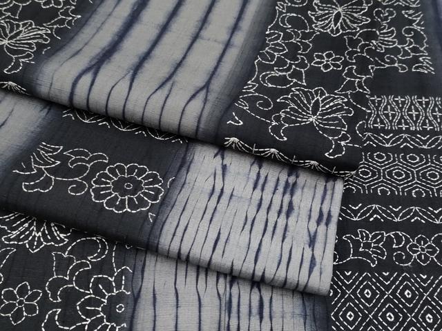 平和屋本店●極上　紬　刺繍　刺し子　杢目絞り　花唐草間道　逸品　CYAA4010s6